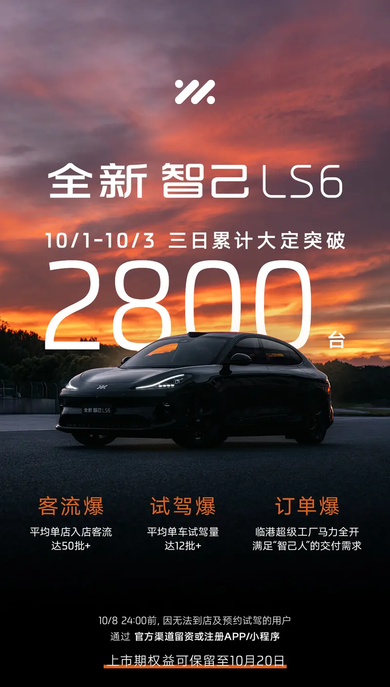 全新智己 LS6 10 月 1-3 日累计大定突破 2800 台，权益价 21.69 万元起 - 智能汽车 - JQman