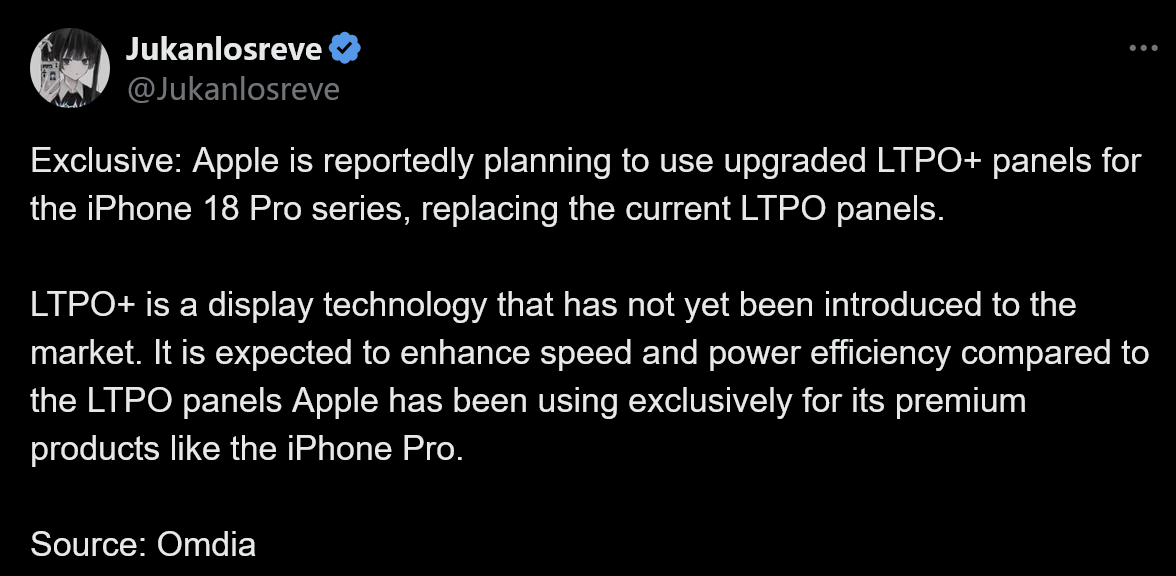 据传苹果将为iPhone 18 Pro/Pro Max开发“LTPO+”OLED 面板 - 数码 - JQman